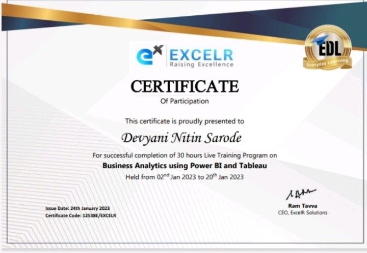 Devyani Sarode on LinkedIn: Got Certification in Business Analytics ... Devyani Sarode on LinkedIn: Got Certification in Business Analytics ...
