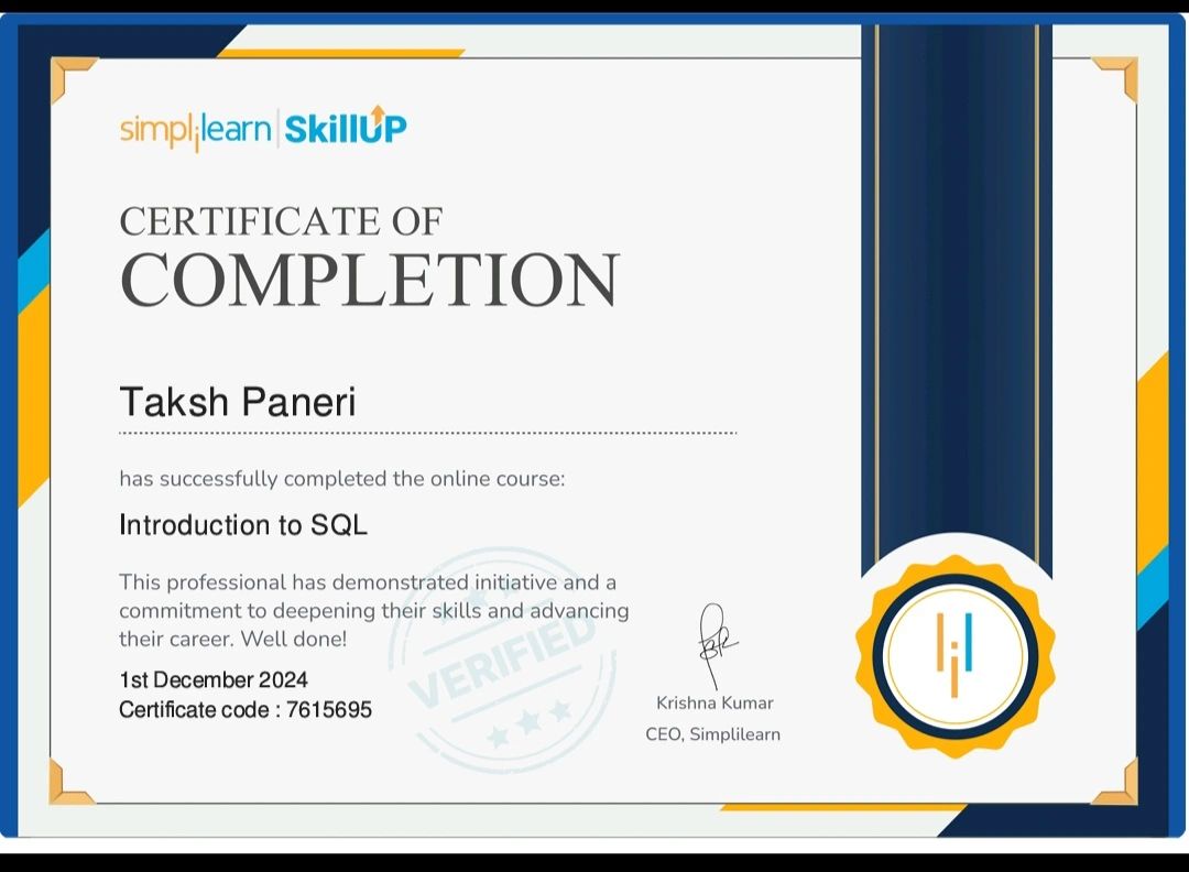 Taksh Paneri on LinkedIn: Excited to share that I just completed with ... Taksh Paneri on LinkedIn: Excited to share that I just completed with ...