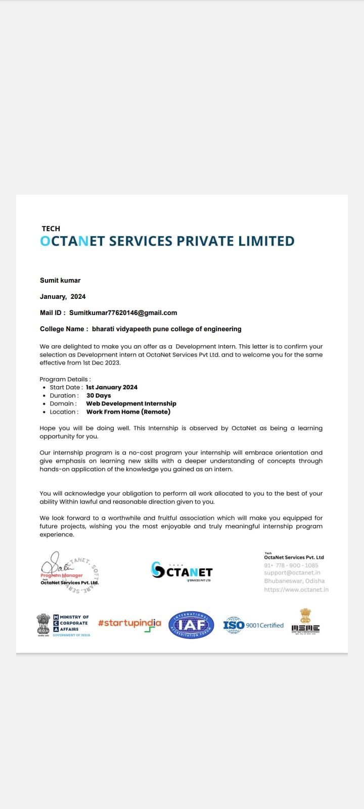 Sumit Kumar on LinkedIn: #octanet #webdevelopment #internship # ... Sumit Kumar on LinkedIn: #octanet #webdevelopment #internship # ...