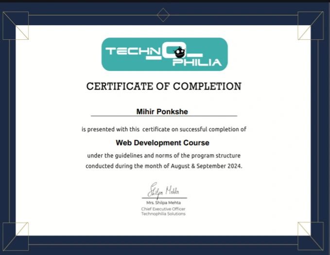 Completed Web Development course with Technophilia Solutions | Mihir ... Completed Web Development course with Technophilia Solutions | Mihir ...