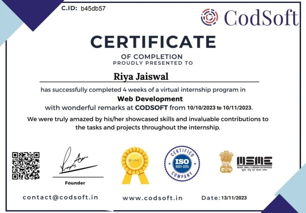 Riya Jaiswal on LinkedIn: #internship #codsoft #internship # ... Riya Jaiswal on LinkedIn: #internship #codsoft #internship # ...