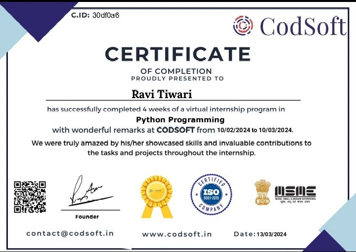 Ravi Tiwari on LinkedIn: #codsoft #internship #internshipcompletion # ... Ravi Tiwari on LinkedIn: #codsoft #internship #internshipcompletion # ...