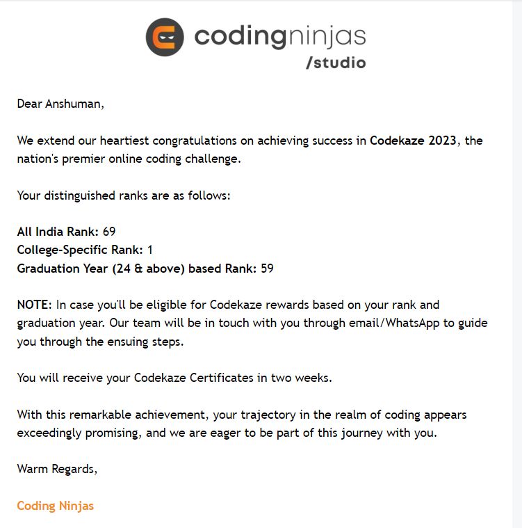 Anshuman Singh Shekhawat on LinkedIn: #codingninja #codekaze2023 Anshuman Singh Shekhawat on LinkedIn: #codingninja #codekaze2023
