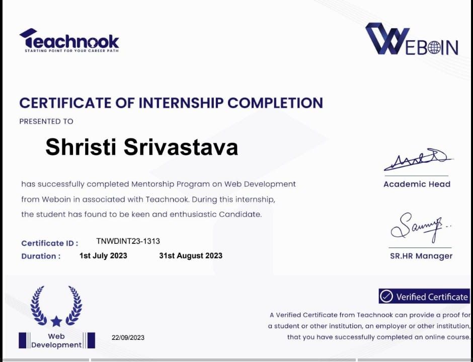 Internship completion certificate 😊 | Shristi Srivastava Internship completion certificate 😊 | Shristi Srivastava