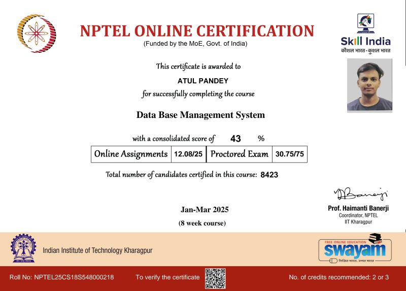 #databasemanagement #nptel #certification #sql #learning | Atul Pandey #databasemanagement #nptel #certification #sql #learning | Atul Pandey
