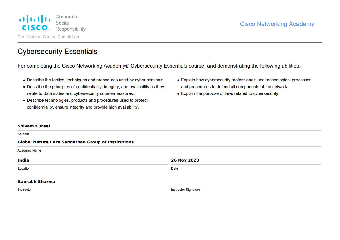 Completed Cisco Cybersecurity Essentials course! | Shivam Kureel posted ... Completed Cisco Cybersecurity Essentials course! | Shivam Kureel posted ...