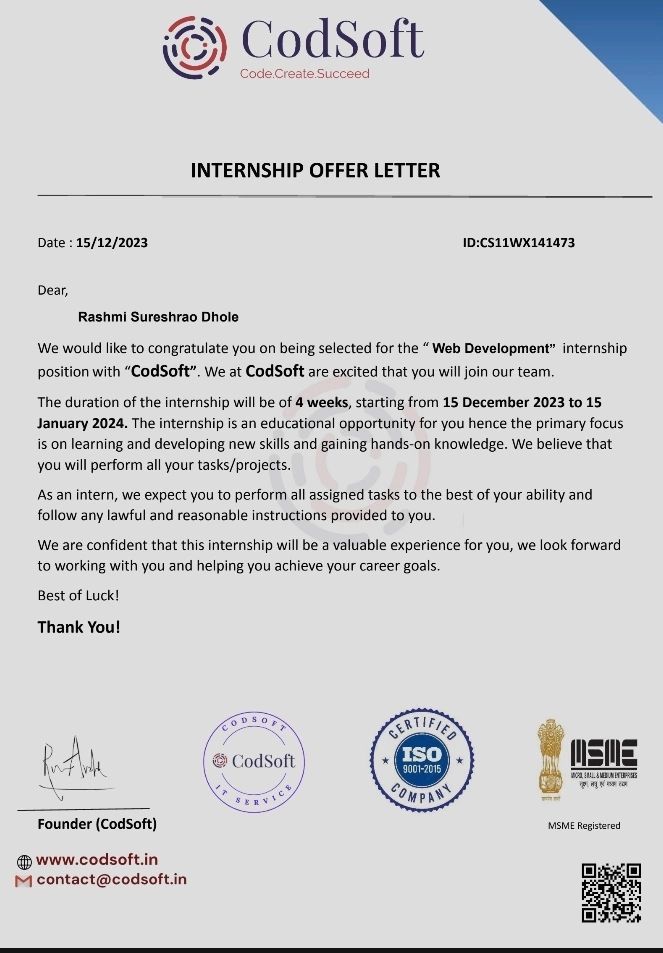 Rashmi Dhole on LinkedIn: #webdevelopment #internship #codsoft Rashmi Dhole on LinkedIn: #webdevelopment #internship #codsoft