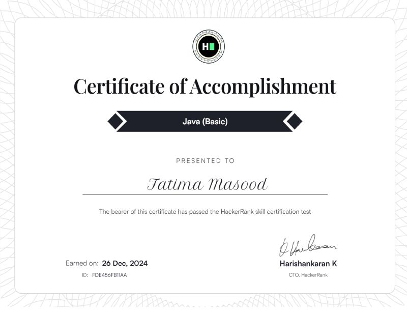 Fatima Masood on LinkedIn: #java #coding #certification #hackerrank # ... Fatima Masood on LinkedIn: #java #coding #certification #hackerrank # ...