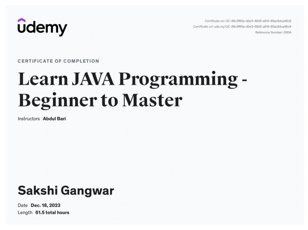 Sakshi Gangwar on LinkedIn: Successfully completed JAVA course Sakshi Gangwar on LinkedIn: Successfully completed JAVA course