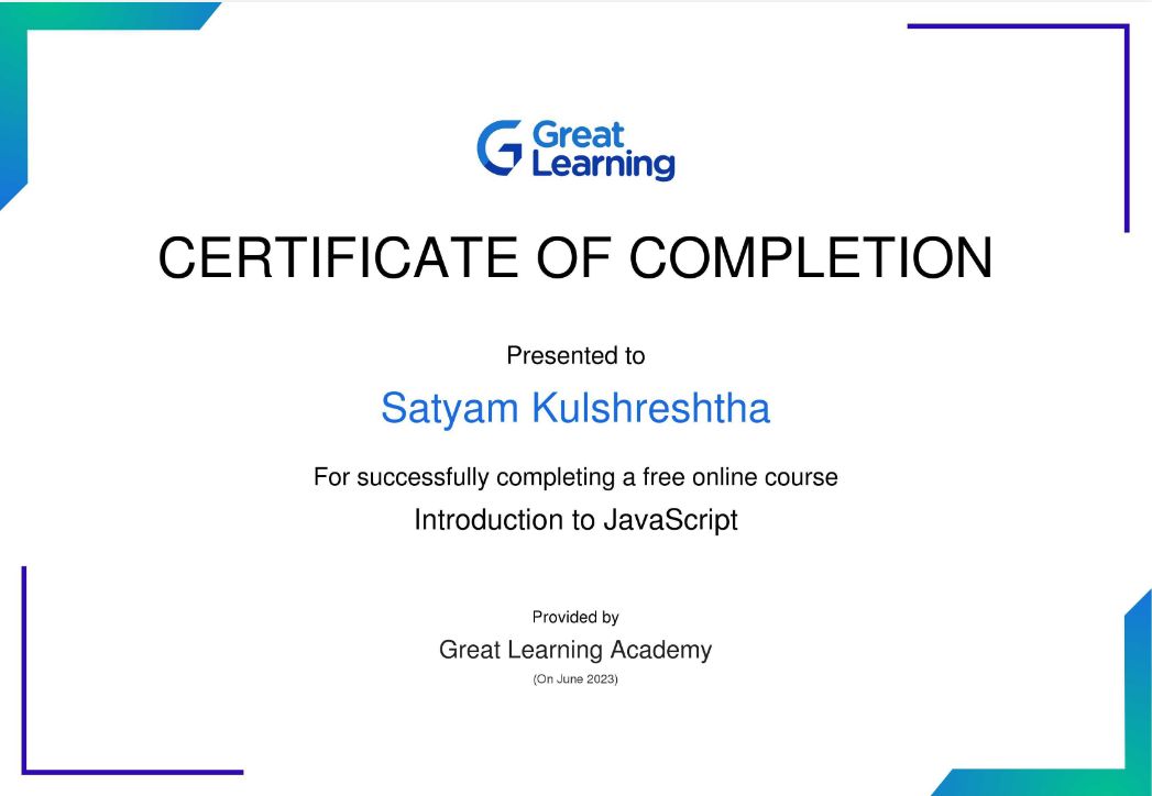 Satyam Kulshreshtha on LinkedIn: #javascript #coding #certificate # ... Satyam Kulshreshtha on LinkedIn: #javascript #coding #certificate # ...