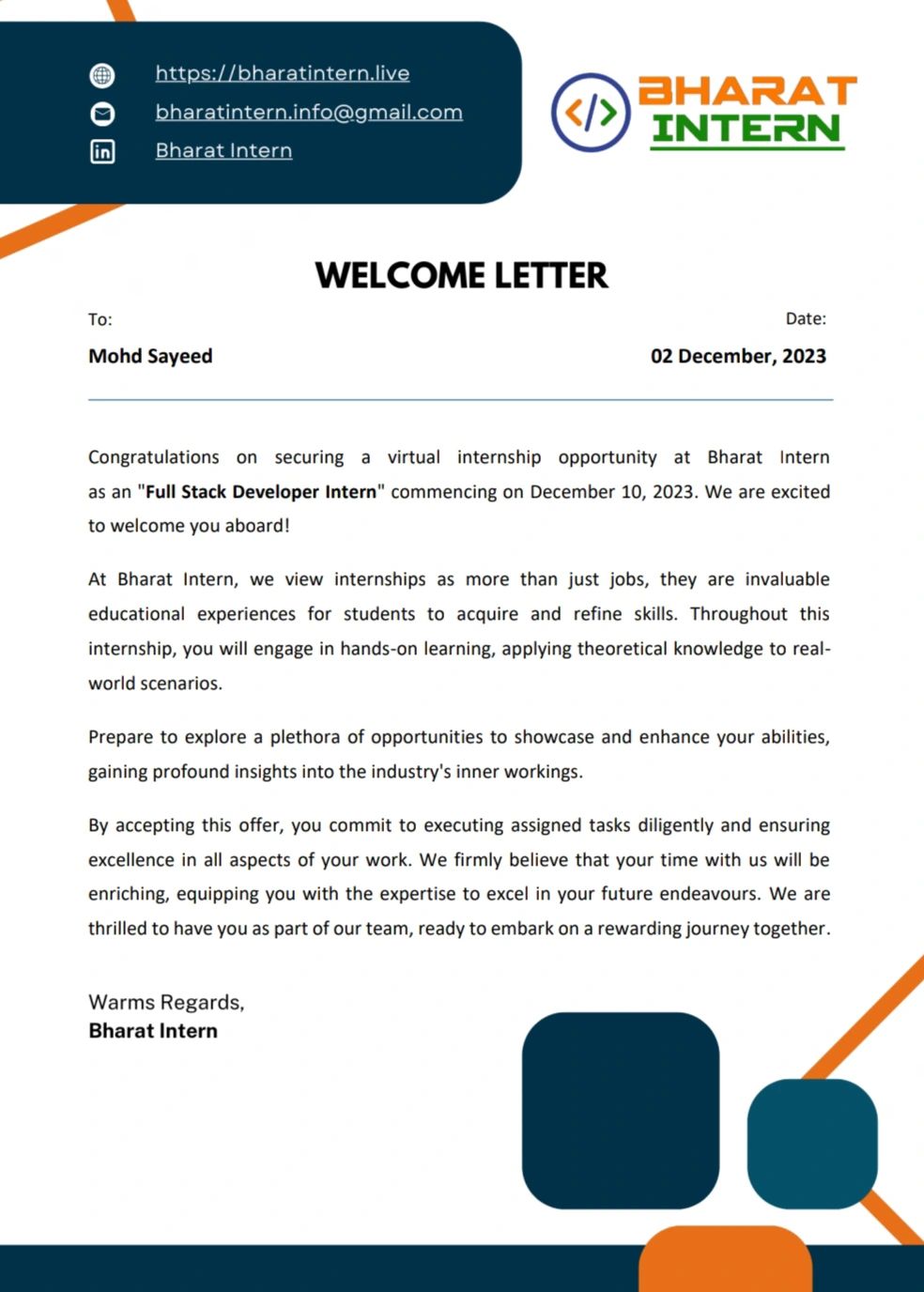 Mohd Sayeed on LinkedIn: Bharat Intern Mohd Sayeed on LinkedIn: Bharat Intern