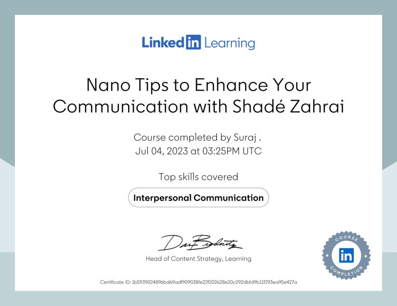 Suraj Verma on LinkedIn: Certificate of Completion Suraj Verma on LinkedIn: Certificate of Completion