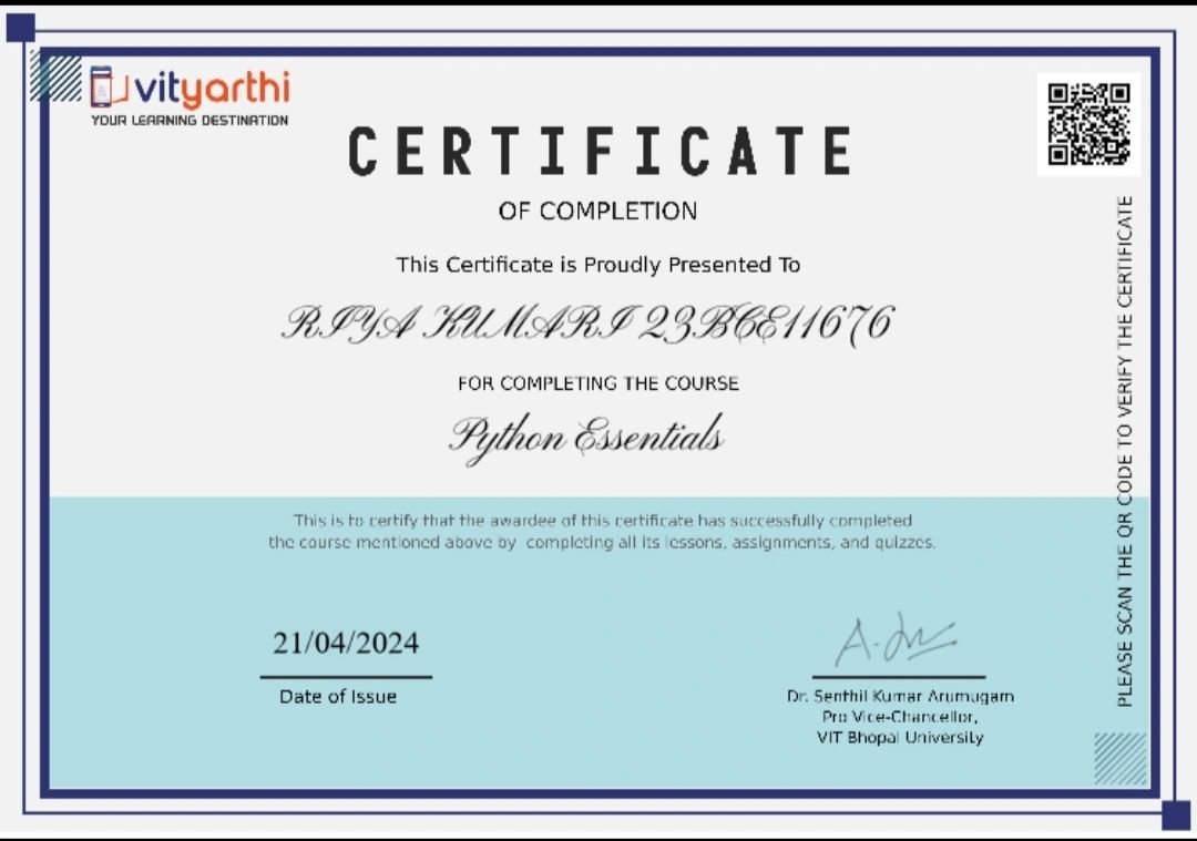 Riya kumari on LinkedIn: #python #vityarthi #coursecompletion Riya kumari on LinkedIn: #python #vityarthi #coursecompletion
