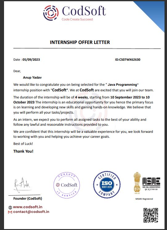 Anup Yadav on LinkedIn: #codsoft #internship Anup Yadav on LinkedIn: #codsoft #internship