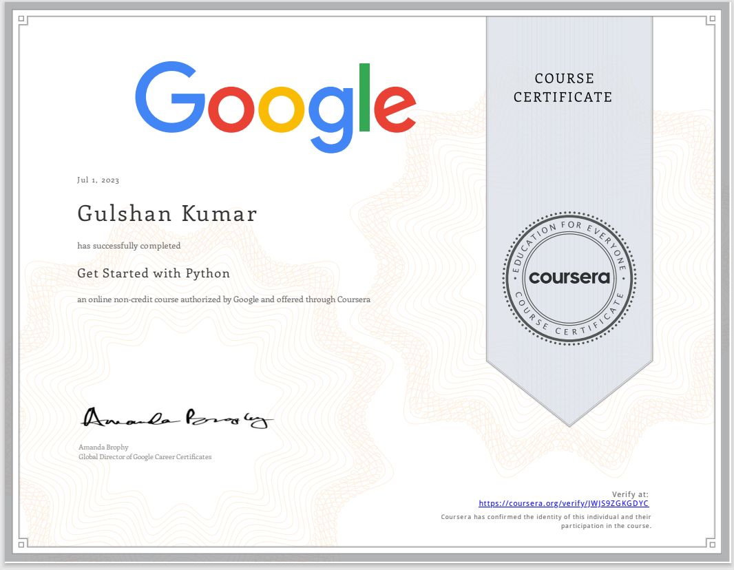 Gulshan Kumar on LinkedIn: #pyhton #programming #google #coursera Gulshan Kumar on LinkedIn: #pyhton #programming #google #coursera