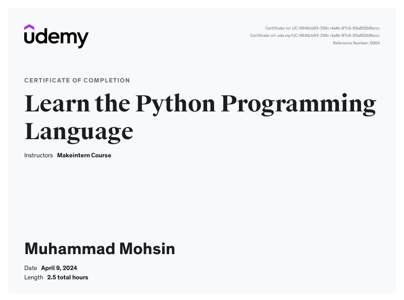 Muhammad Mohsin on LinkedIn: Successfully completed My First Python ... Muhammad Mohsin on LinkedIn: Successfully completed My First Python ...