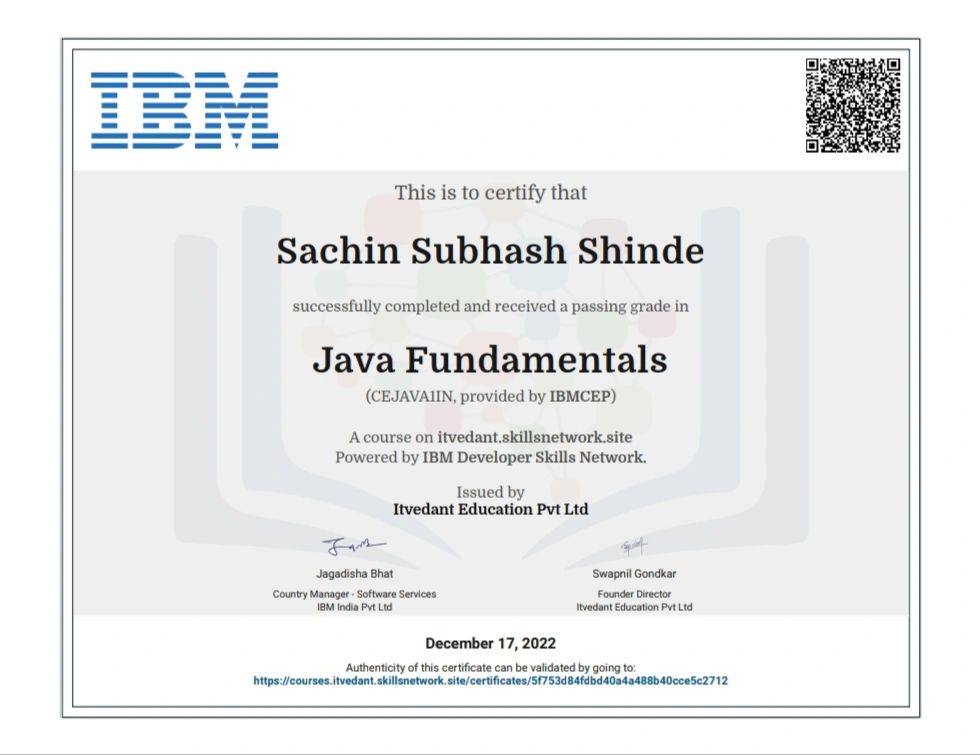 Sachin Shinde on LinkedIn: Java Fundamentals IBM Certificate Sachin Shinde on LinkedIn: Java Fundamentals IBM Certificate