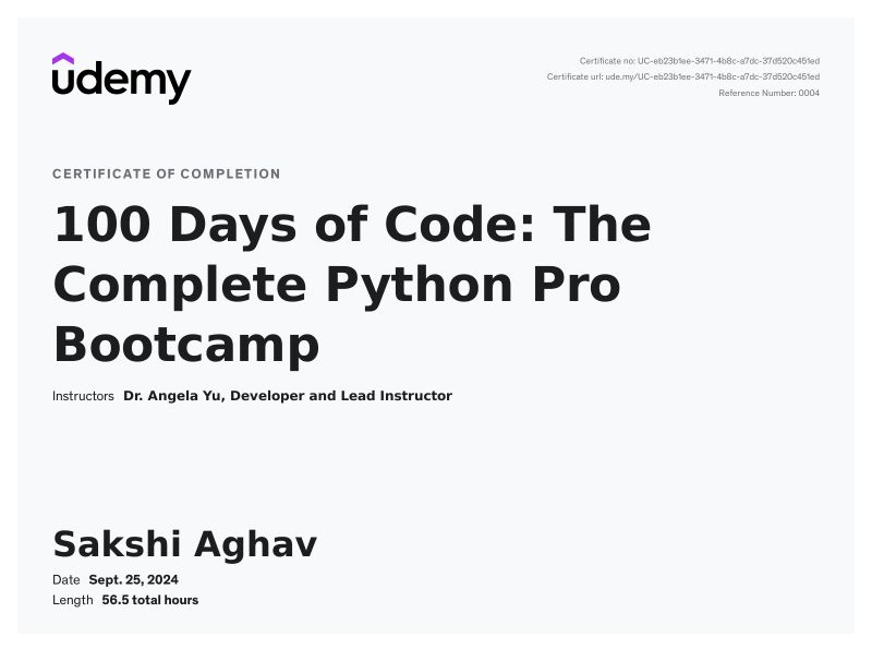Sakshi Aghav on LinkedIn: #python #100daysofcode #udemy # ... Sakshi Aghav on LinkedIn: #python #100daysofcode #udemy # ...