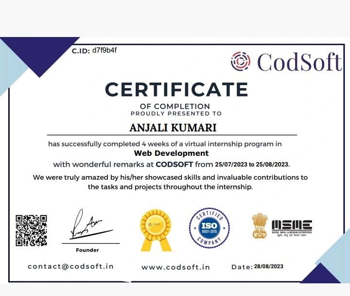 Anjali Kumari on LinkedIn: #codsoft #webdevelopment #internship #codsoft Anjali Kumari on LinkedIn: #codsoft #webdevelopment #internship #codsoft