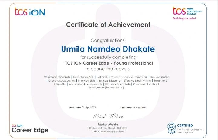 Urmila Dhakate on LinkedIn: #tcs #youngprofessional #achievements # ... Urmila Dhakate on LinkedIn: #tcs #youngprofessional #achievements # ...