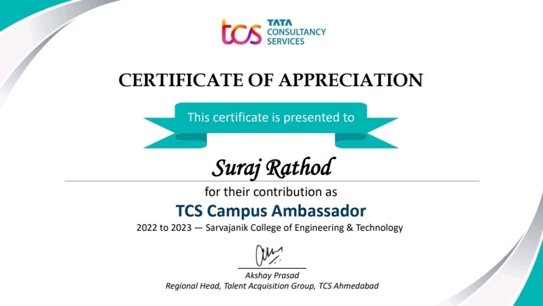 Suraj Rathod on LinkedIn: #tcs #campusambassador #leadership Suraj Rathod on LinkedIn: #tcs #campusambassador #leadership