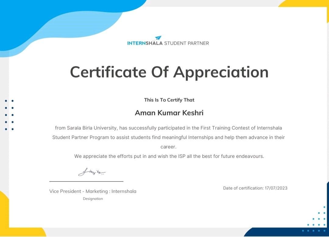 Aman Kumar keshri on LinkedIn: #appreciation #internshala #isp Aman Kumar keshri on LinkedIn: #appreciation #internshala #isp
