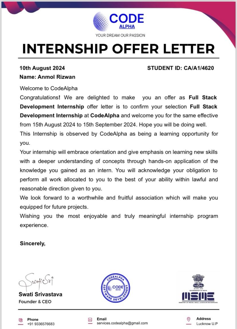 Anmol Rizwan on LinkedIn: #internshipatcodealpha #fullstackdevelopment ... Anmol Rizwan on LinkedIn: #internshipatcodealpha #fullstackdevelopment ...