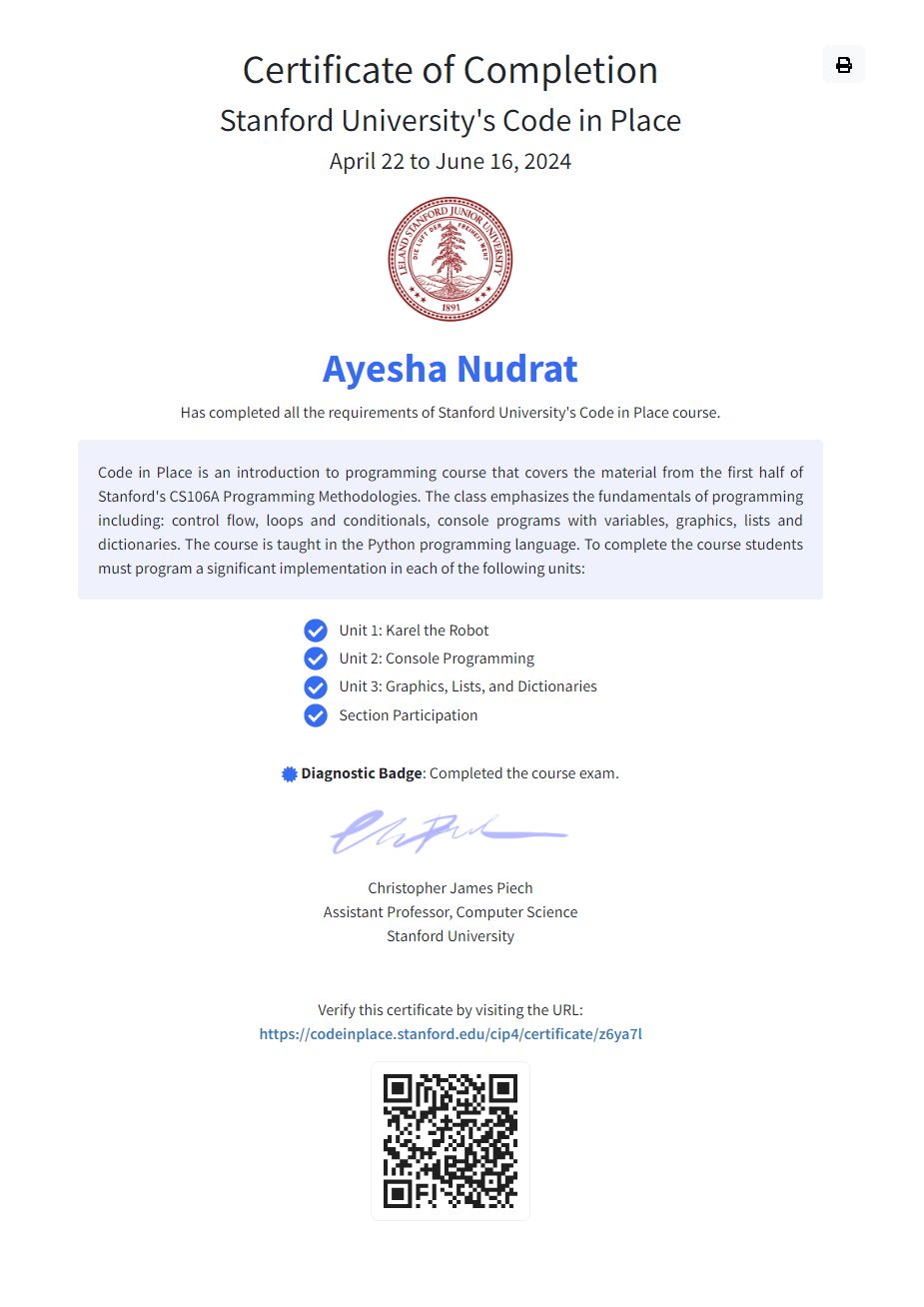 Ayesha Nudrat on LinkedIn: #stanford #achievementunlocked #codeinplace ... Ayesha Nudrat on LinkedIn: #stanford #achievementunlocked #codeinplace ...