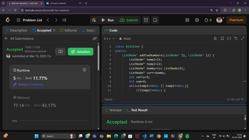 🚀 LeetCode Problem Solved: Add Two Numbers 🚀 Today, I tackled the 🚀 LeetCode Problem Solved: Add Two Numbers 🚀 Today, I tackled the