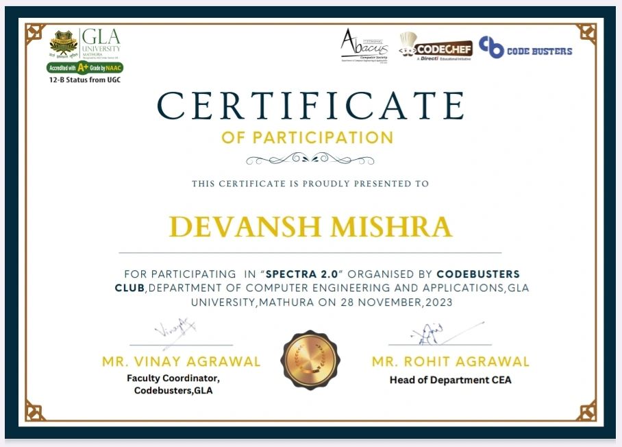 Devansh Mishra on LinkedIn: #codingachievement #spectra Devansh Mishra on LinkedIn: #codingachievement #spectra