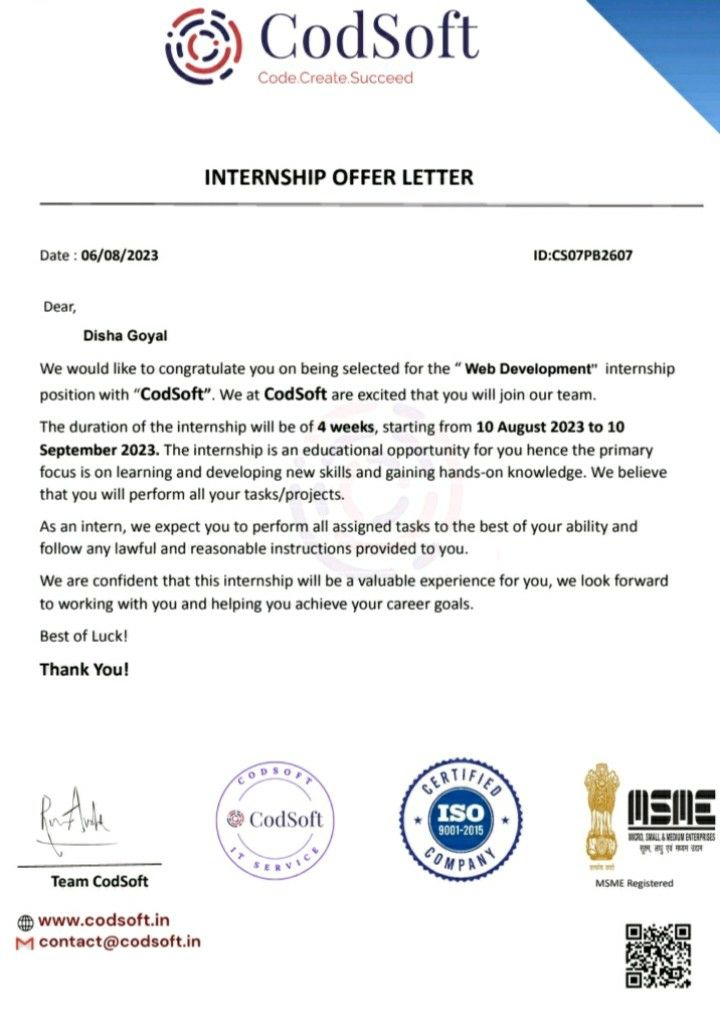 Disha Goyal on LinkedIn: #codsoft #codsoftinternship Disha Goyal on LinkedIn: #codsoft #codsoftinternship