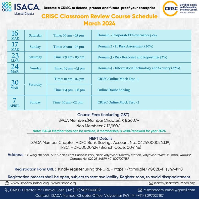 Register for CRISC course by ISACA Mumbai | ISACA Mumbai Chapter posted ... Register for CRISC course by ISACA Mumbai | ISACA Mumbai Chapter posted ...
