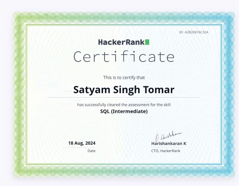 Satyam Singh Tomar on LinkedIn: #dataanalytics #sql #certification Satyam Singh Tomar on LinkedIn: #dataanalytics #sql #certification