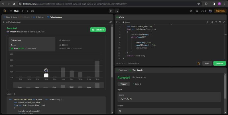 Day 11 of LeetCode: Difference Between Element Sum and Digit Sum ... Day 11 of LeetCode: Difference Between Element Sum and Digit Sum ...