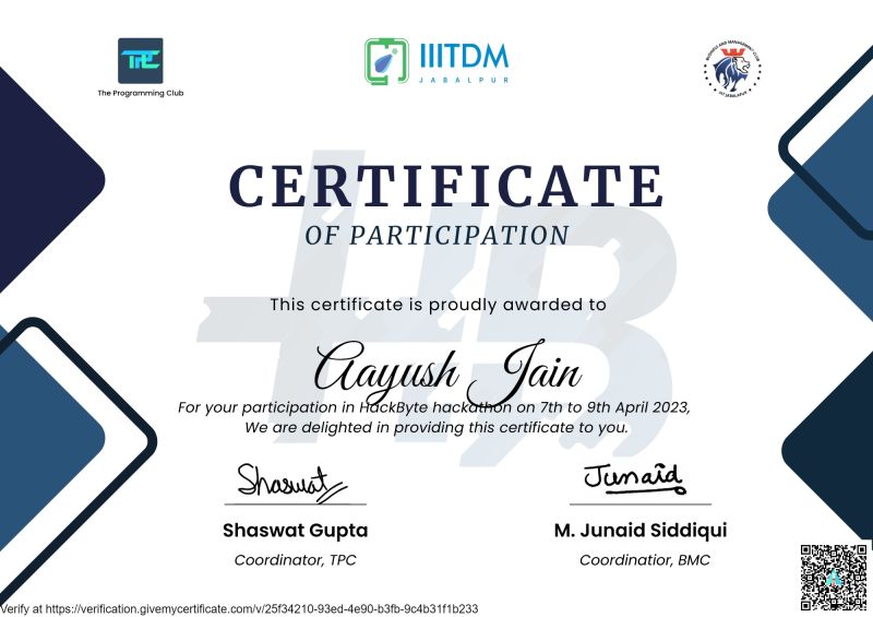 Aayush Jain on LinkedIn: Participated in this Hackathon: HackByte from ... Aayush Jain on LinkedIn: Participated in this Hackathon: HackByte from ...