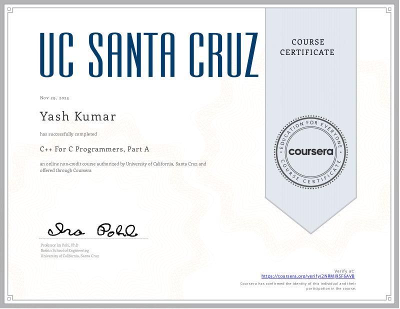 Yash Kumar on LinkedIn: #codingjourney #cplusplus #newskills #coursera Yash Kumar on LinkedIn: #codingjourney #cplusplus #newskills #coursera