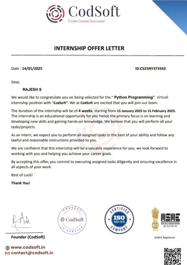 #internship #python #codsoft #learning #growth | RAJESH RAJESH #internship #python #codsoft #learning #growth | RAJESH RAJESH