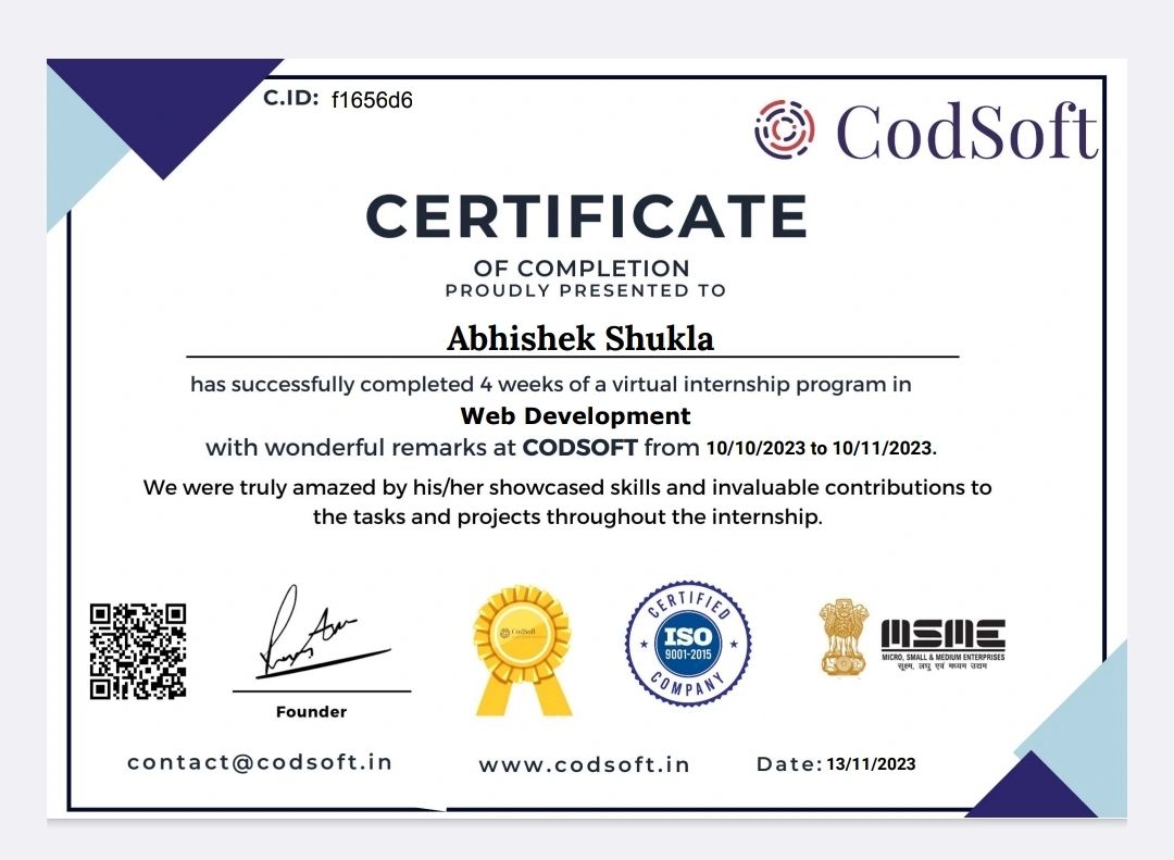Abhishek Shukla on LinkedIn: #webdevelopment #internship #codesoft #cip Abhishek Shukla on LinkedIn: #webdevelopment #internship #codesoft #cip