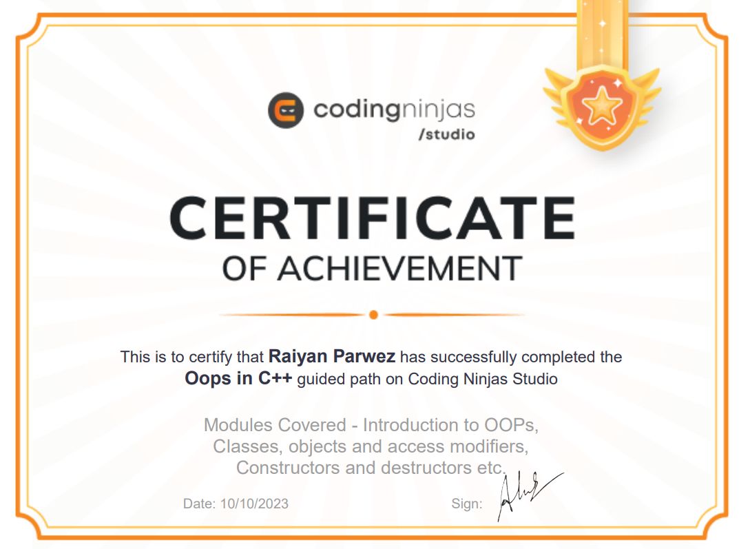 Raiyan Parwez on LinkedIn: #codingninjas #cplusplus #certificationcomplete Raiyan Parwez on LinkedIn: #codingninjas #cplusplus #certificationcomplete