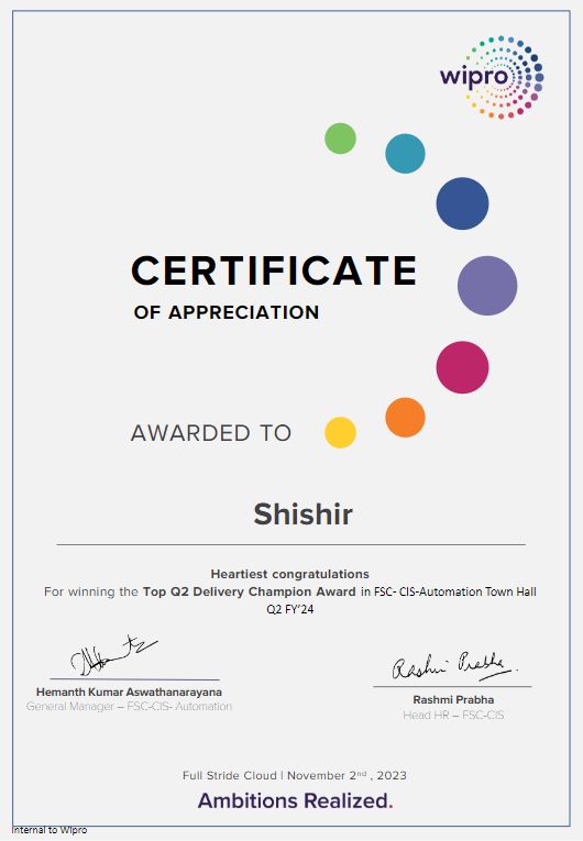 Shishir Srivastav on LinkedIn: #appreciation #certification #wipro # ... Shishir Srivastav on LinkedIn: #appreciation #certification #wipro # ...