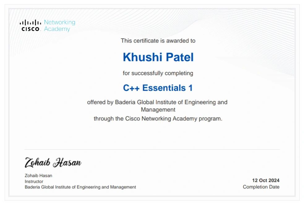 Khushi Patel on LinkedIn: #cpp #cisco #programming #achievement # ... Khushi Patel on LinkedIn: #cpp #cisco #programming #achievement # ...