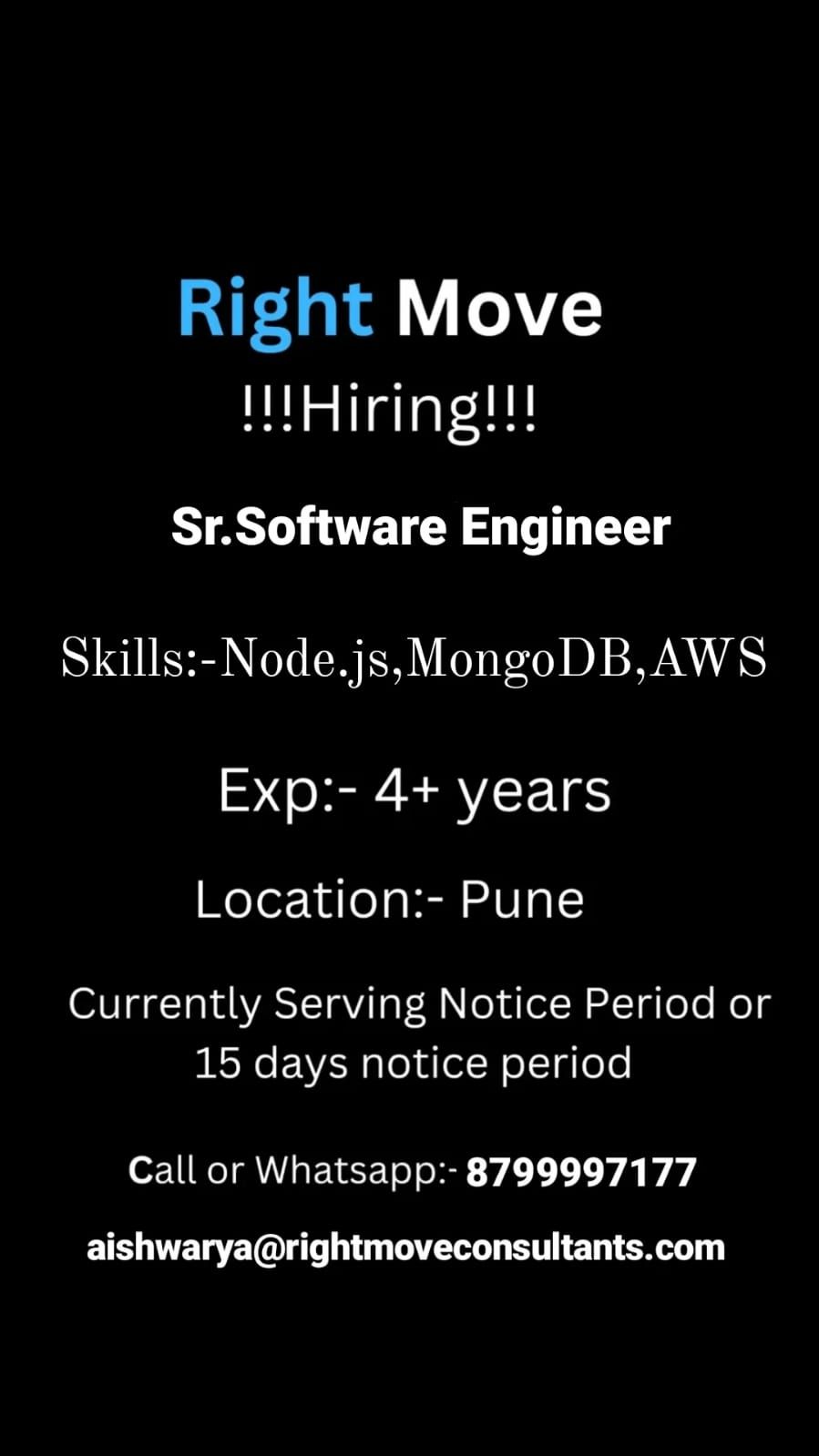 Aishwarya D on LinkedIn: #nodejs #mongodb #aws #hiringnow #rightmove Aishwarya D on LinkedIn: #nodejs #mongodb #aws #hiringnow #rightmove
