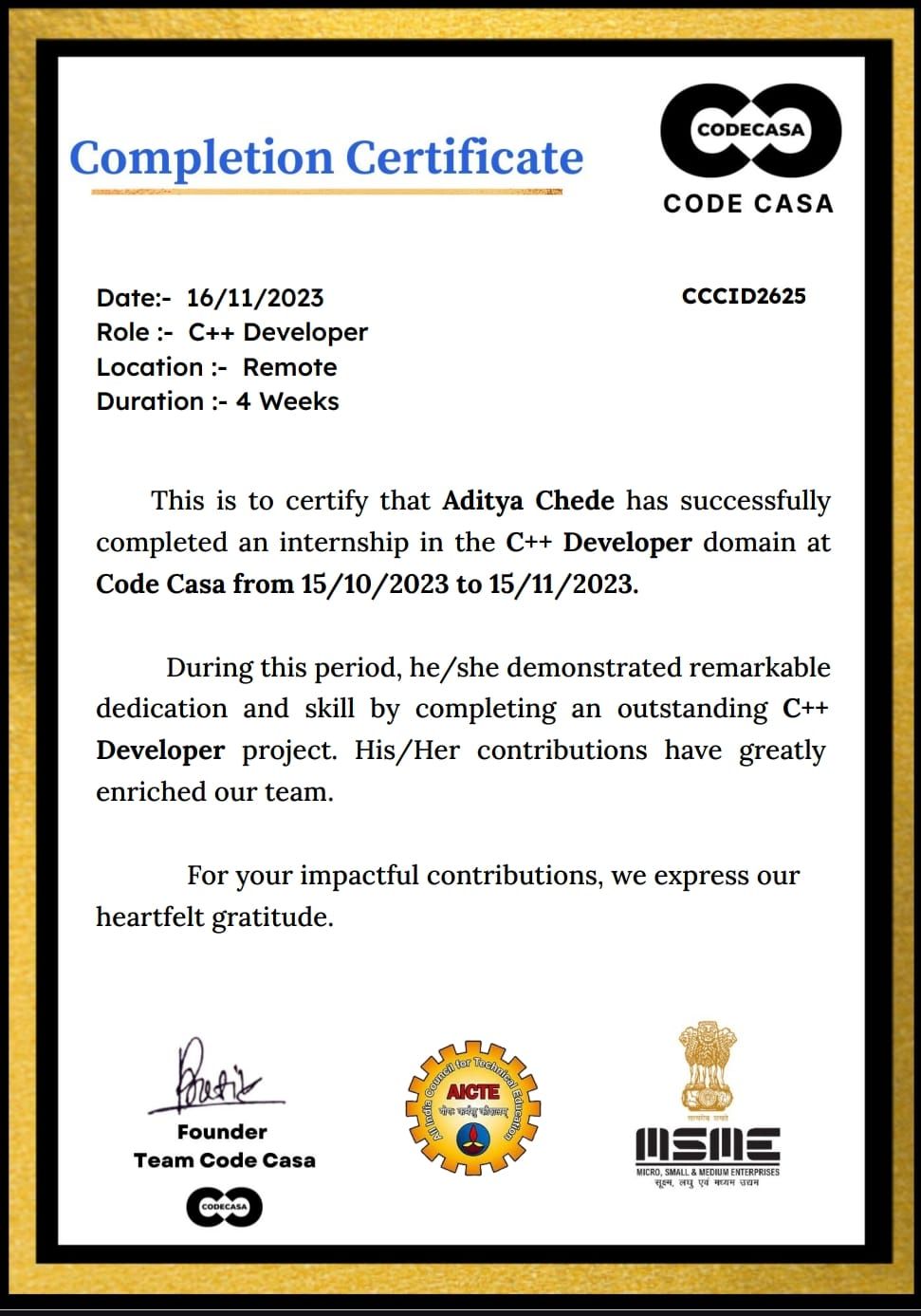 Aditya Chede on LinkedIn: #codecasa #cppprogramming #internship Aditya Chede on LinkedIn: #codecasa #cppprogramming #internship