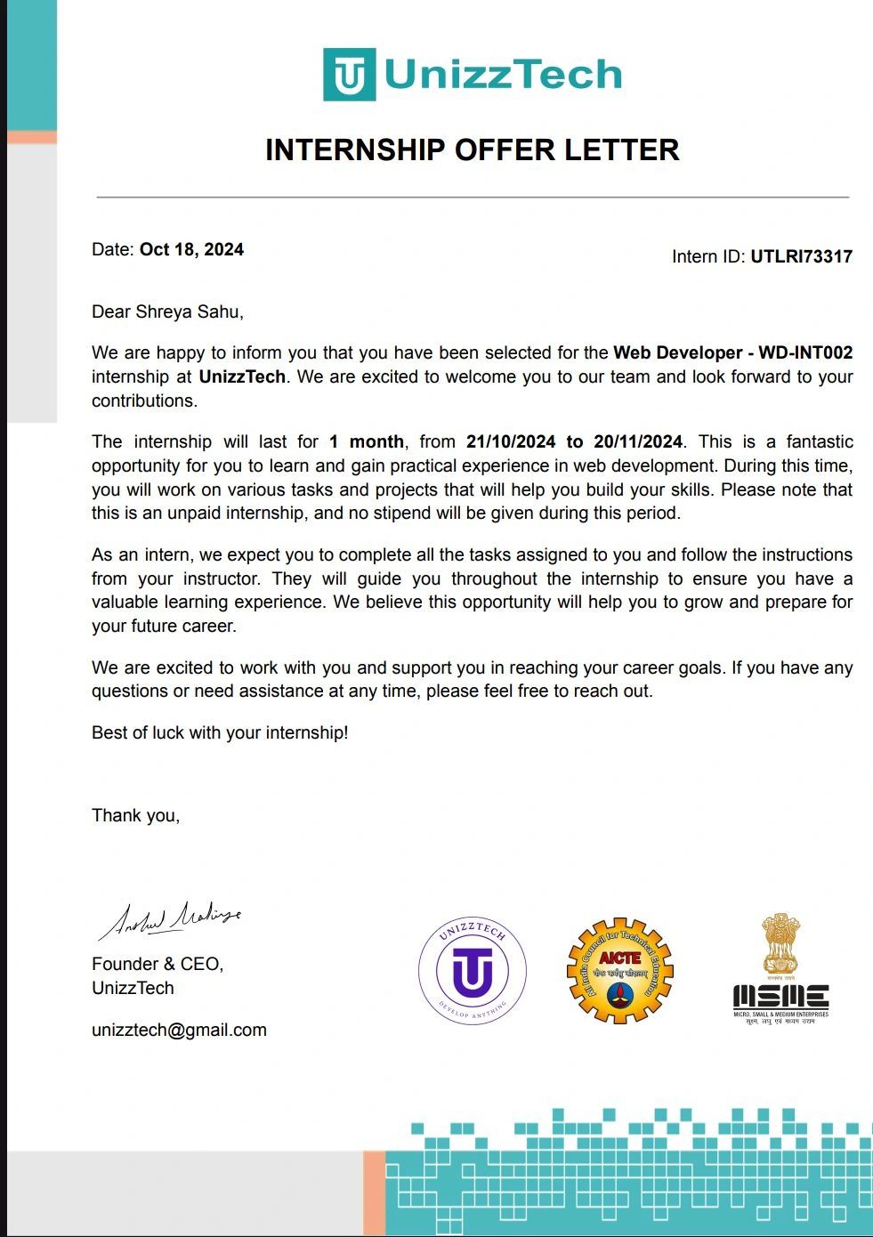 Shreya Sahu on LinkedIn: #unizztech #internship #webdevelopment Shreya Sahu on LinkedIn: #unizztech #internship #webdevelopment