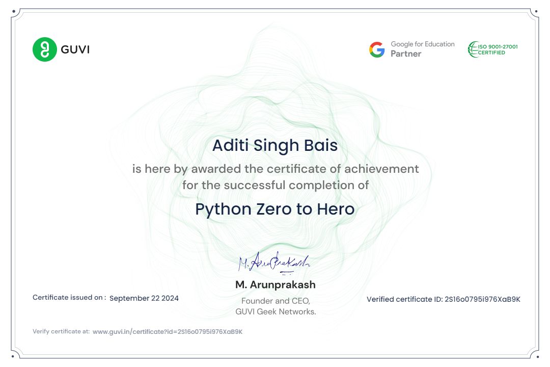 Aditi Bais on LinkedIn: #python #guvi #certification #learningjourney Aditi Bais on LinkedIn: #python #guvi #certification #learningjourney