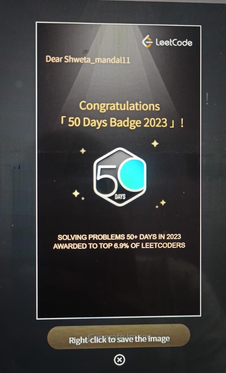 Shweta Kumari on LinkedIn: Got one more badge on leetcode 🎉🏅 Shweta Kumari on LinkedIn: Got one more badge on leetcode 🎉🏅