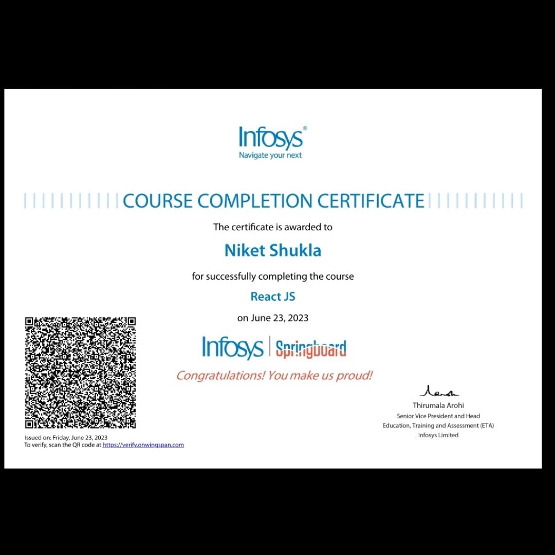 Niket Shukla on LinkedIn: #reactjs #webdevelopment #certification # ... Niket Shukla on LinkedIn: #reactjs #webdevelopment #certification # ...