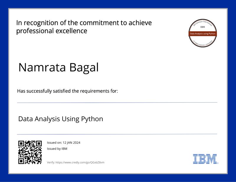 Earned IBM certificate in Data Analysis with Python | Namrata Bagal ... Earned IBM certificate in Data Analysis with Python | Namrata Bagal ...