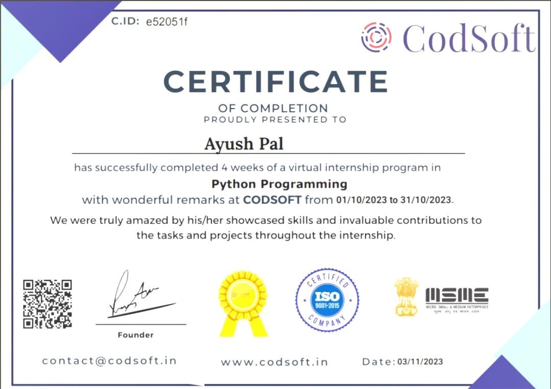 Ayush Pal on LinkedIn: #codsoft #codsoft #pythondeveloper #pythoncoding ... Ayush Pal on LinkedIn: #codsoft #codsoft #pythondeveloper #pythoncoding ...