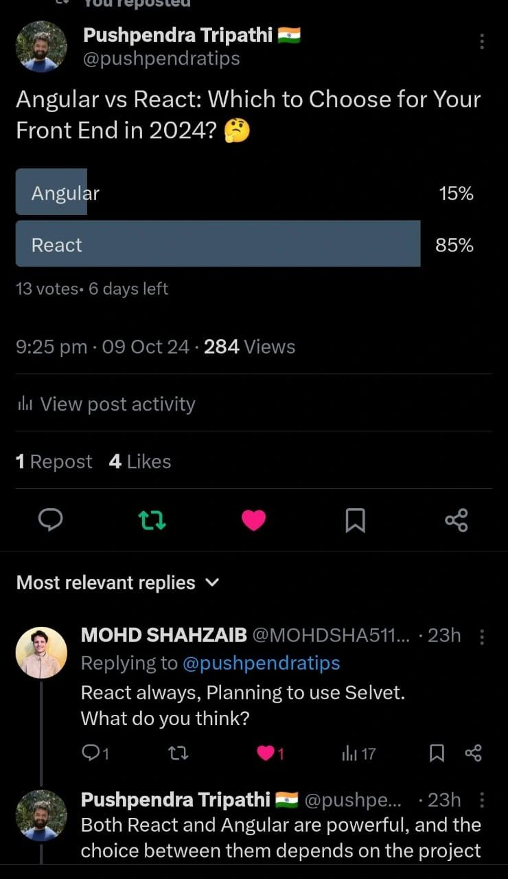 Pushpendra Tripathi 🇮🇳 on LinkedIn: Angular vs React: Which to Choose ... Pushpendra Tripathi 🇮🇳 on LinkedIn: Angular vs React: Which to Choose ...